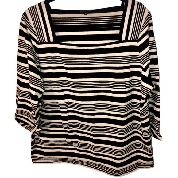 Talbots | Tops | Talbots Plus Black White Striped 34 Length Cuffed Sleeve Square Neck | Poshmark